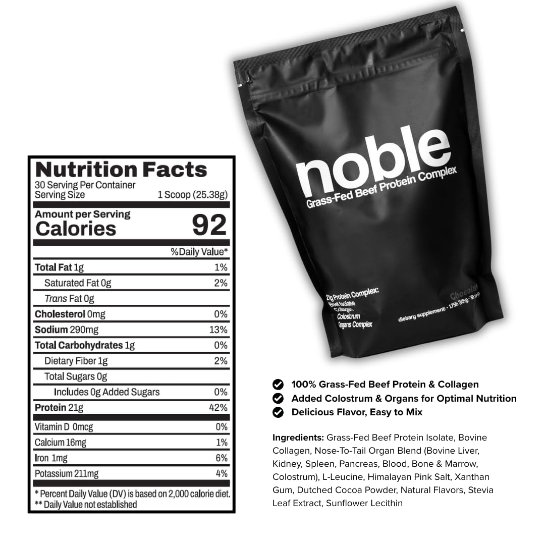 Noble All-in-One Chocolate Protein Powder, 21g Grass-Fed Beef Protein ...