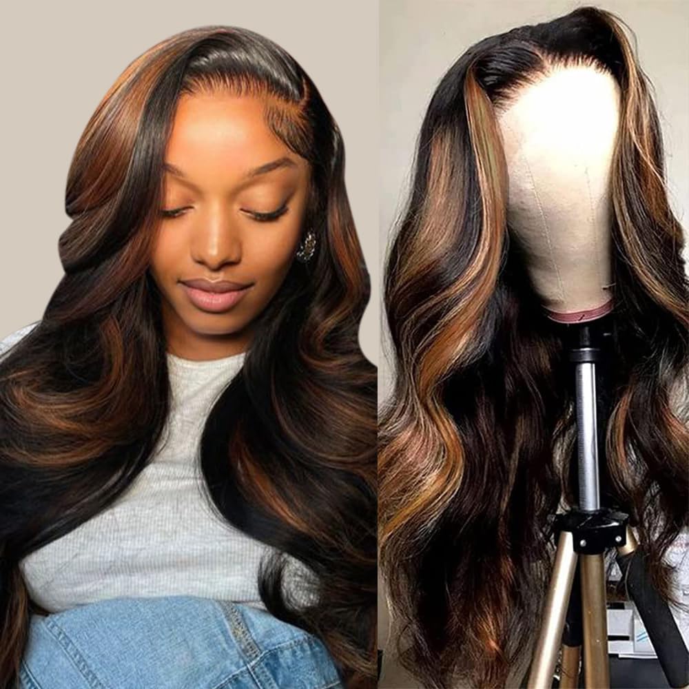 Glegov Highlight Ombre Lace Front Wig Human Hair 26 Inch Body Wave Hon ...
