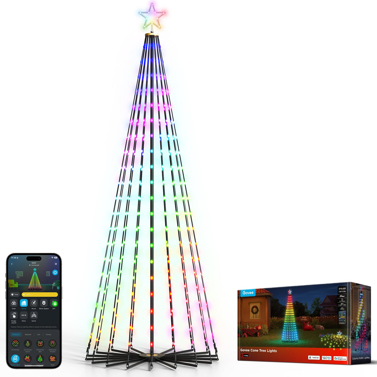 Govee Christmas Cone Tree Lights, 7.5ft 370 LEDs RGBIC Christmas Tree ...