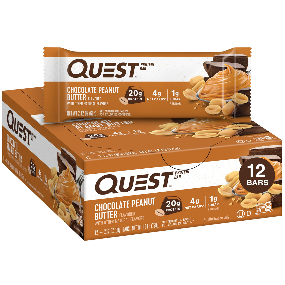 Quest Nutrition Chocolate Peanut Butter Bars, 20g Protein, 1g Sugar, 5 ...