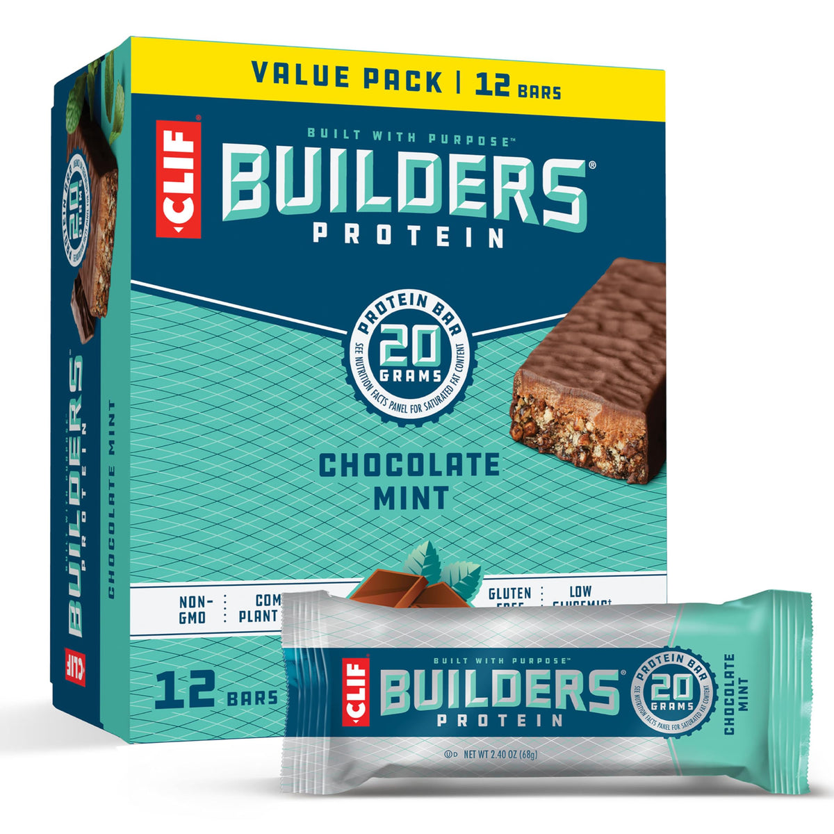 CLIF BUILDERS Protein Bars - Chocolate Mint Flavor - 20g Plant Based P ...