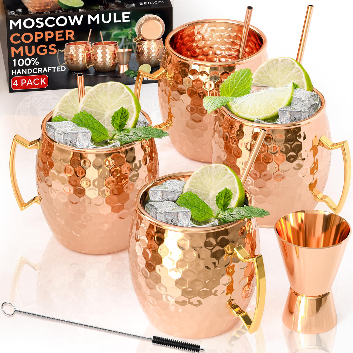 Benicci Moscow Mule Copper Mugs - Set of 4-100% HANDCRAFTED - Food Saf ...