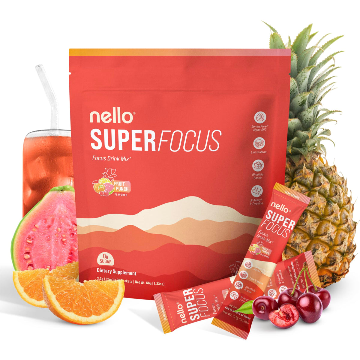 Nello SuperFocus Focus Drink Mix – Fruit Punch Flavor – Alpha GPC, Lio ...