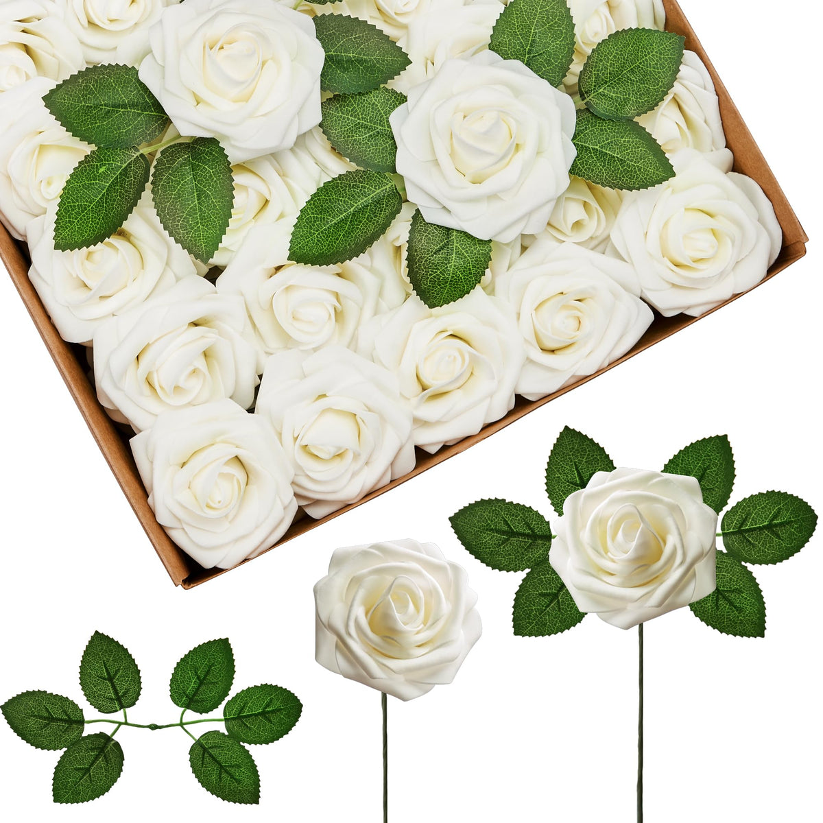 InnoGear Artificial Flowers, 50 Pcs Ivory White Foam Fake Roses Bulk w ...