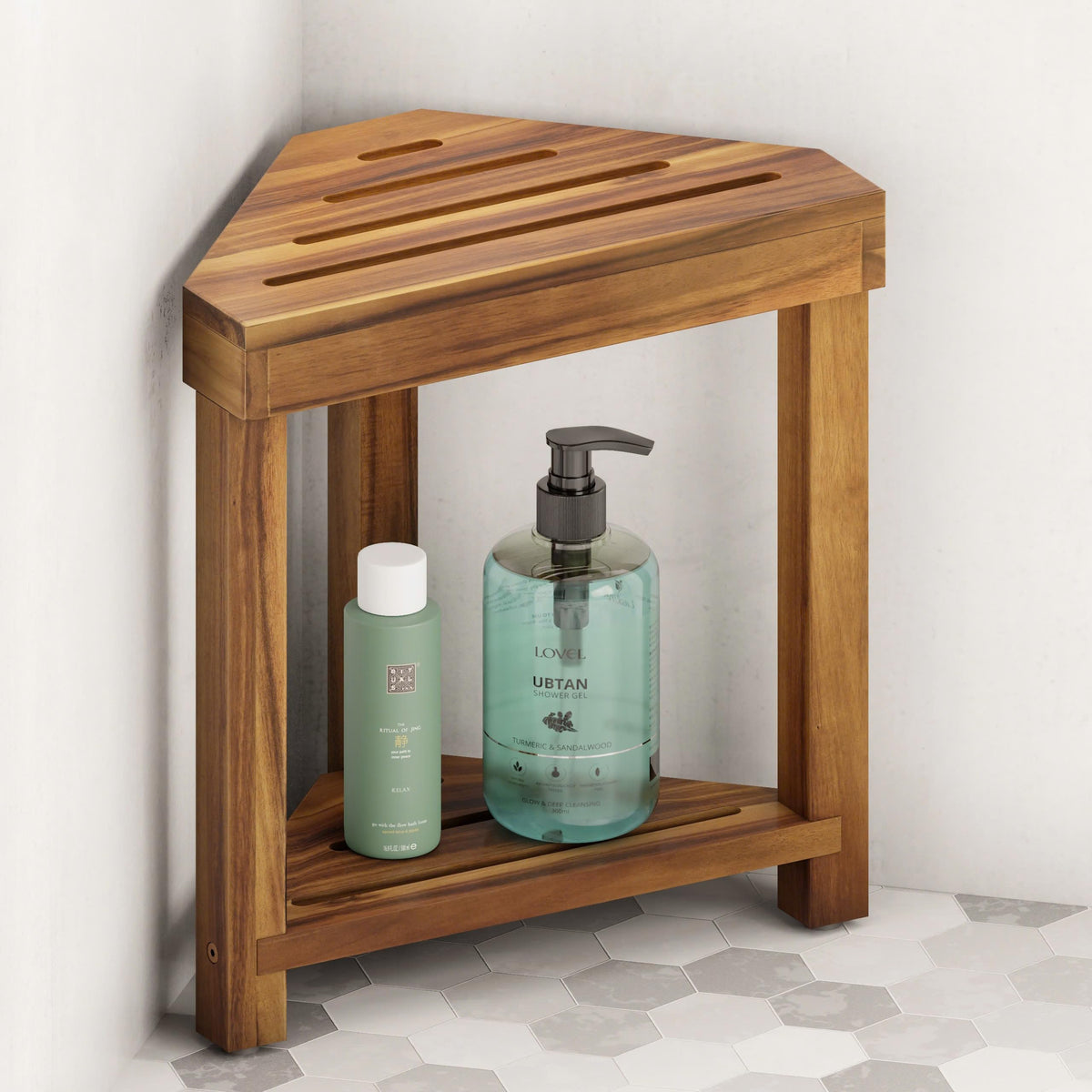 BLUEWEST Shower Foot Rest, Corner Shower Stool, Wooden Shower Foot Sto ...