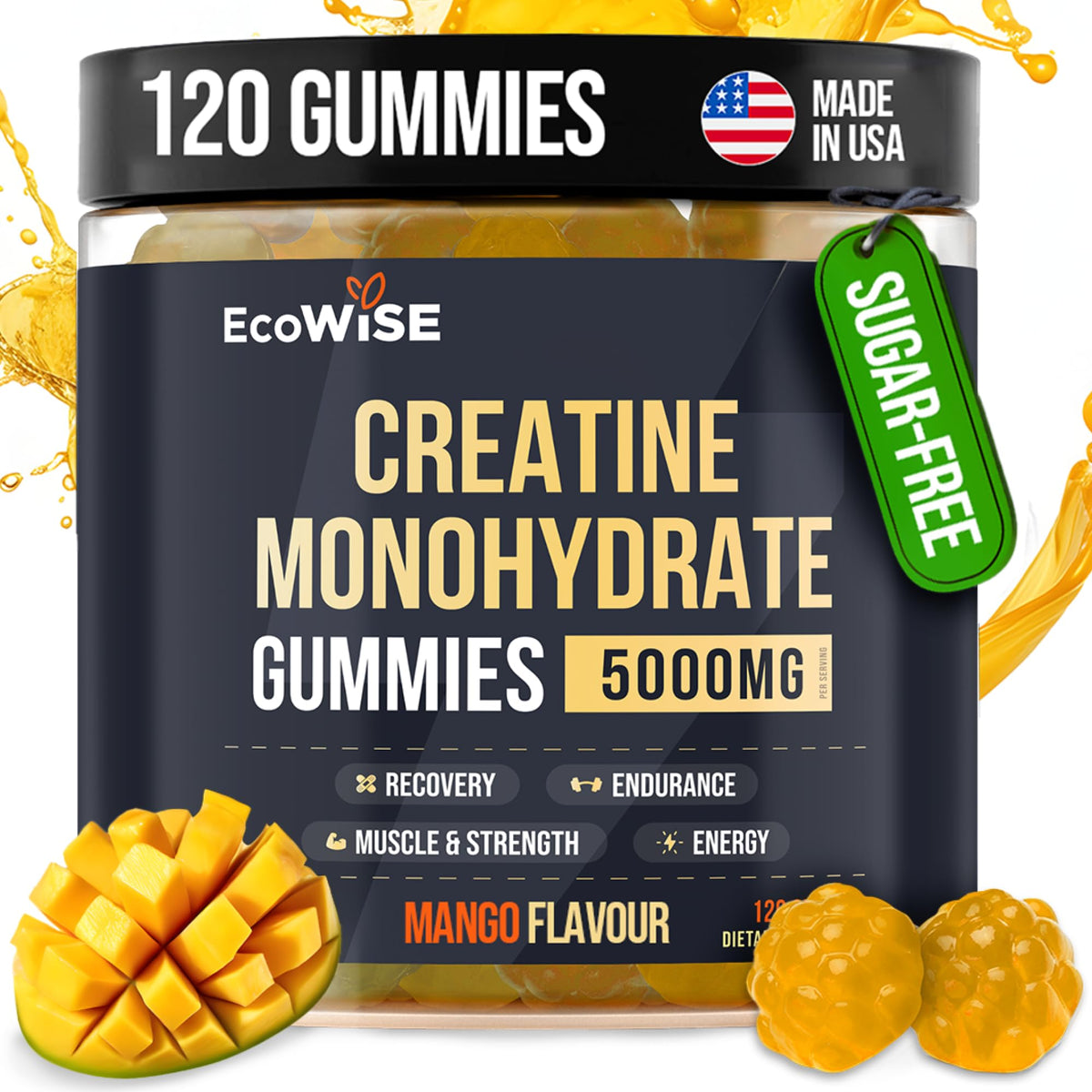 EcoWise Wellness Creatine Monohydrate Gummies 5000 mg, Mango Flavor, 1 ...