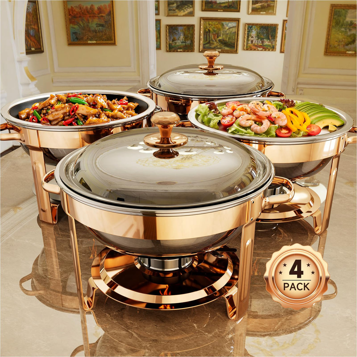 Chafing Dishes for Buffet, 4 Pack 5QT Round Stainless Steel Chafing Di ...