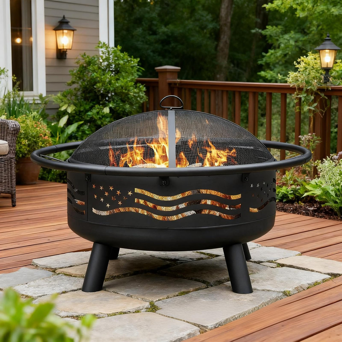 Breezz 32 Inch American Flag Fire Pit with Mesh Cover & Poker, Round M ...